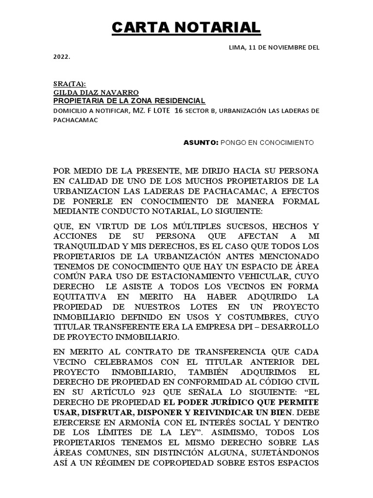 Carta Notarial Yaneth Vargas | PDF | Propiedad | Condominio