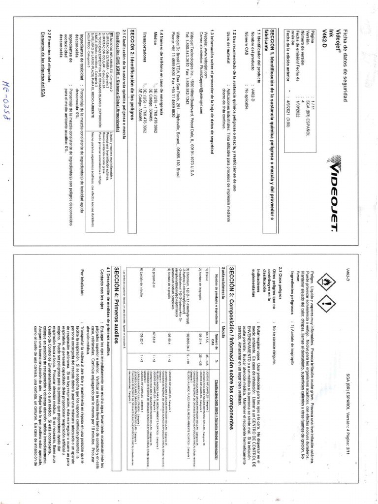 Me-0358 Tinta V462-D Videojet - MSDS | PDF