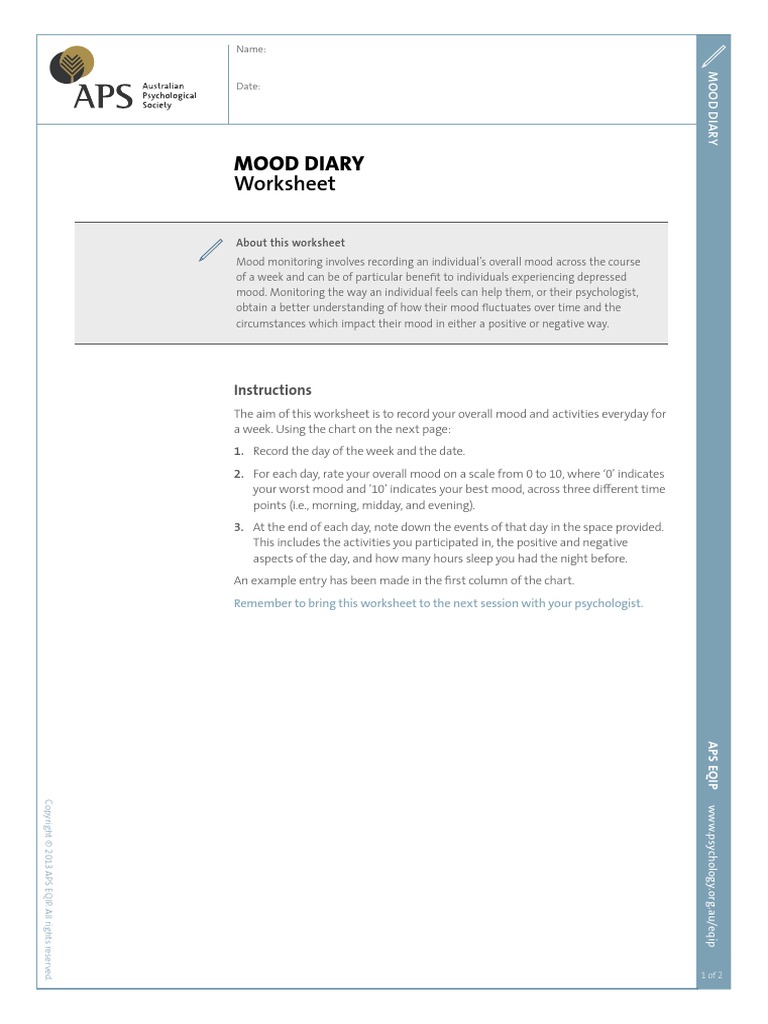 Mood Diary Worksheet PDF | PDF | Mood (Psychology) | Mental Health