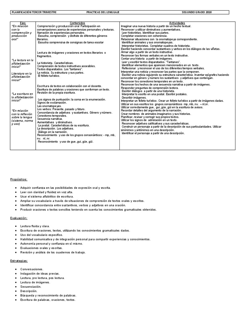 Planificación Tercer Trimestre Practicas Del Lenguaje Segundo Grado ...
