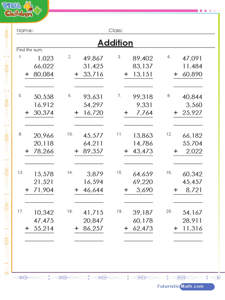 Addition of 3 Four Digit Numbers Worksheet | PDF