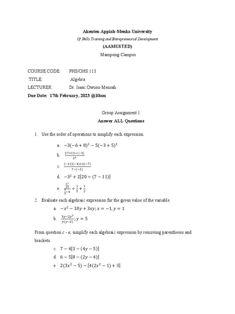 Algebra Assignment 1 PHOHS 23 | PDF | Equations | Mathematics