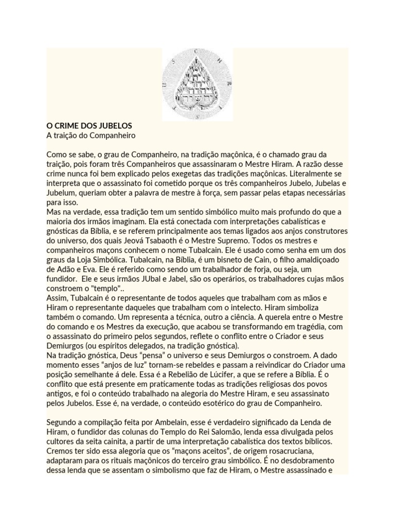 O Crime dos Jubelos e Hiram Abiff | PDF | Loja Maçônica | Maçonaria