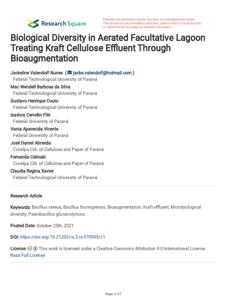 Biological Diversity In Aerated Facultative Lagoon Pdf Gel