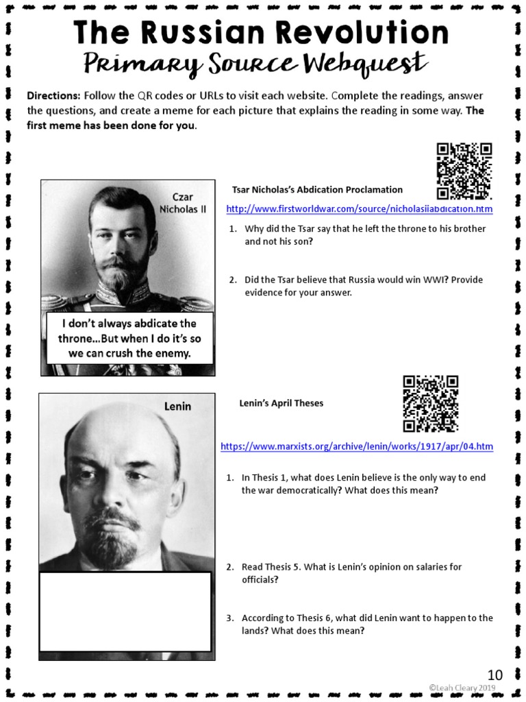 Russian Rev Primary Source Meme Webquest | PDF | Vladimir Lenin ...