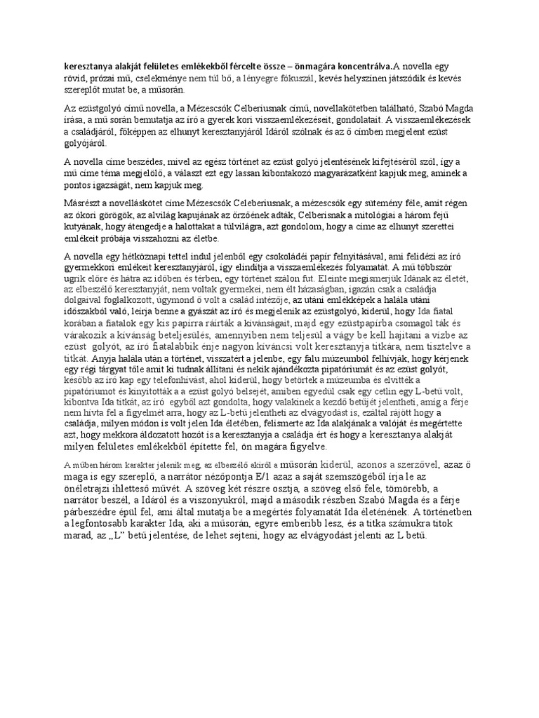 Szabó Magda, Ezüst Golyó Vékás Kamilla | PDF