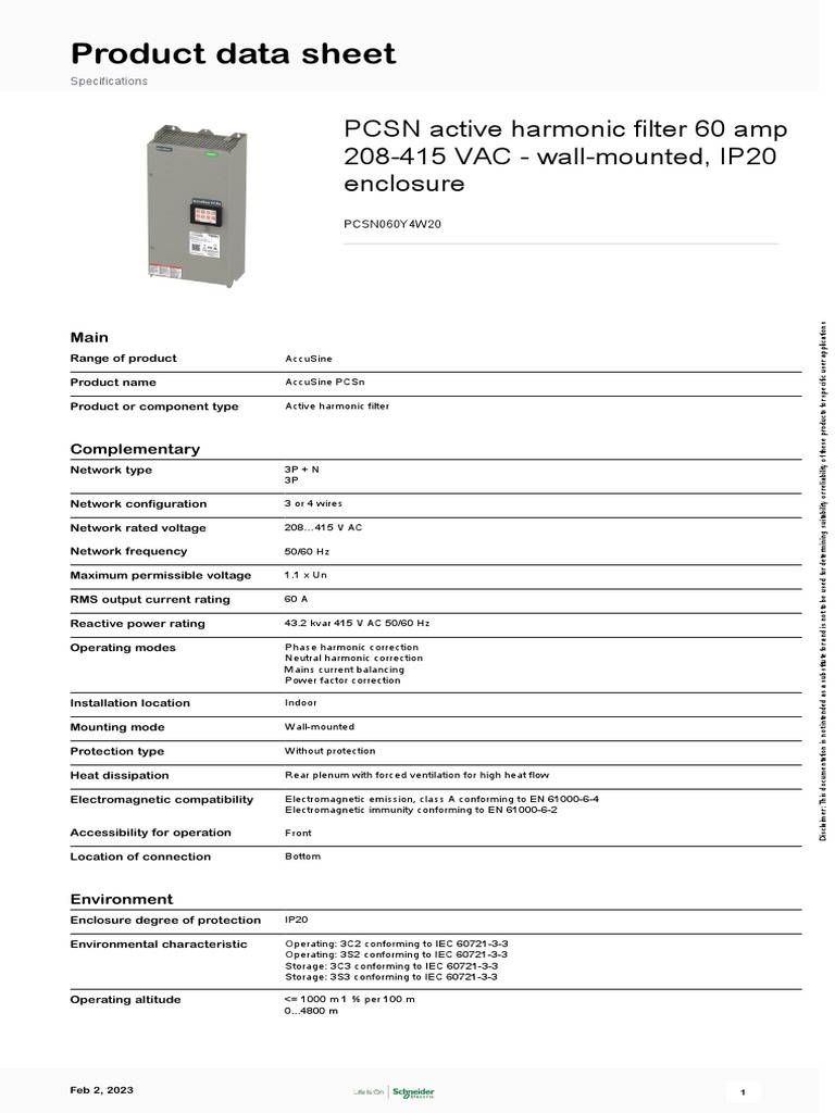 AccuSine PCSn 60A Harmonic Filter Specs | PDF | Alternating Current | Electromagnetism