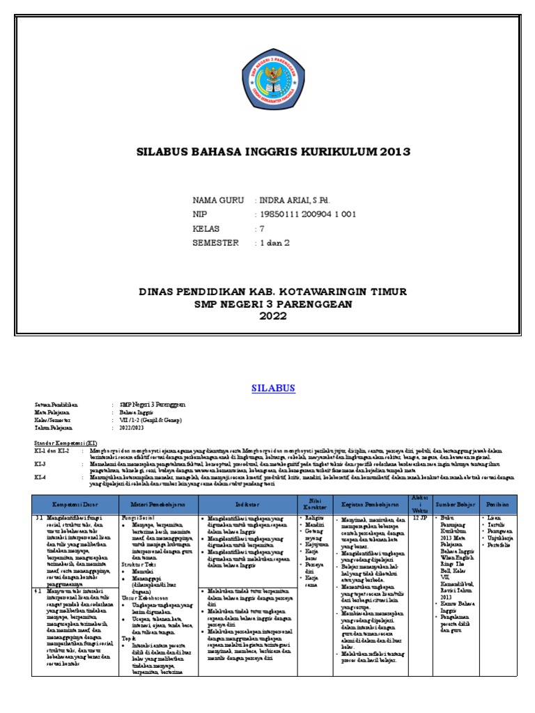 Silabus Bahasa Inggris Kelas 7 | PDF