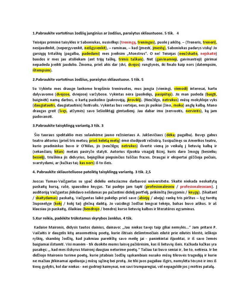 Lietuvių Kalbos Užduotys | PDF