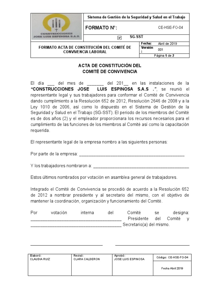 Ce-Sst-Fo-04 Formato Acta de Constitución Del Comité de Convivencia Laboral | PDF