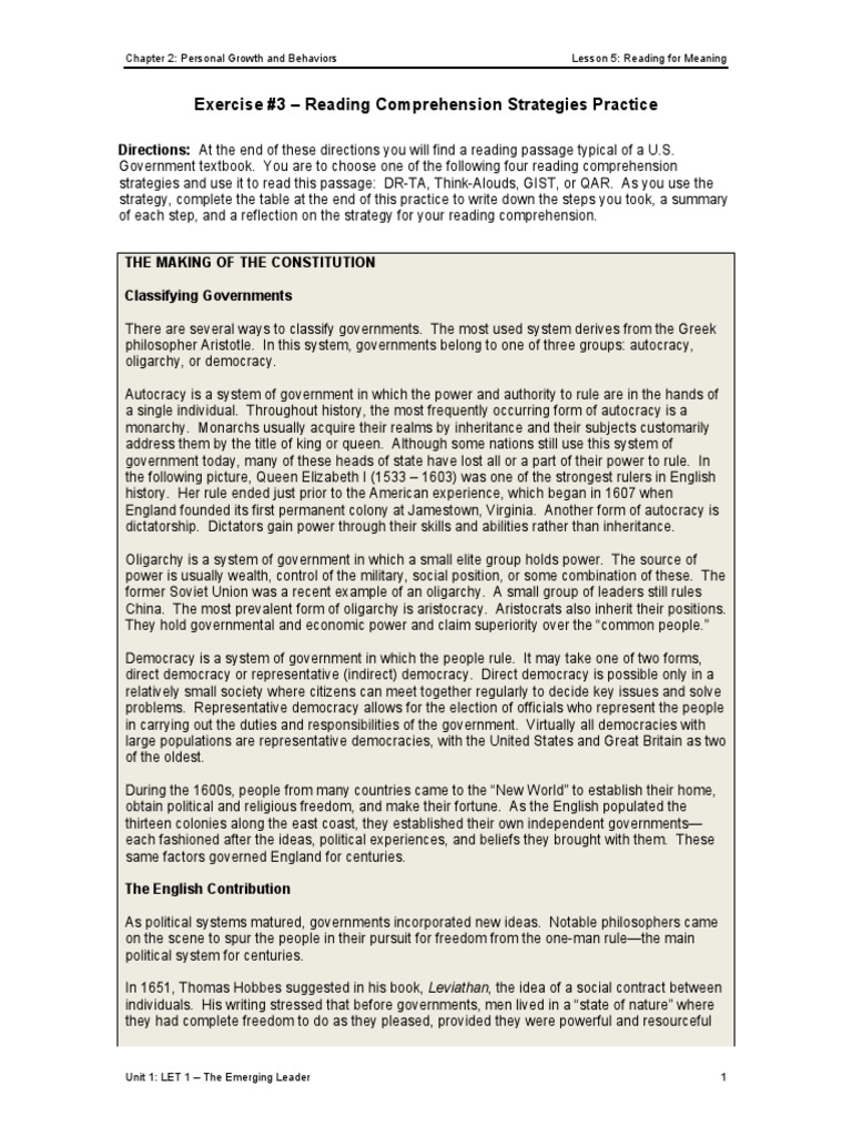 U1C2L5A4 - Exercise 3 - Reading Comprehension Strategies Practice PDF ...