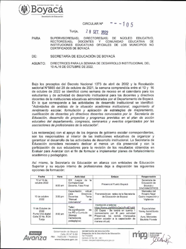 DS Circular 105 Del 28sep2022 Directrices Semana Institucional | PDF