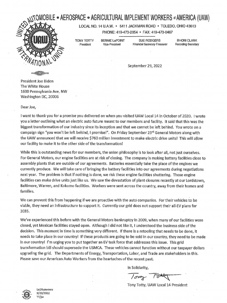 Tony Totty EV Letter To President Biden | PDF