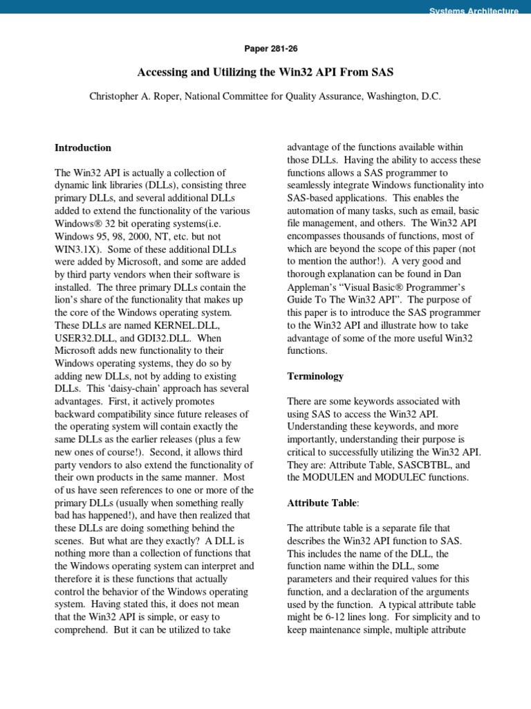 Accessing and Utilizing The Win32 API From SAS: Paper 281-26 | PDF | Parameter (Computer ...