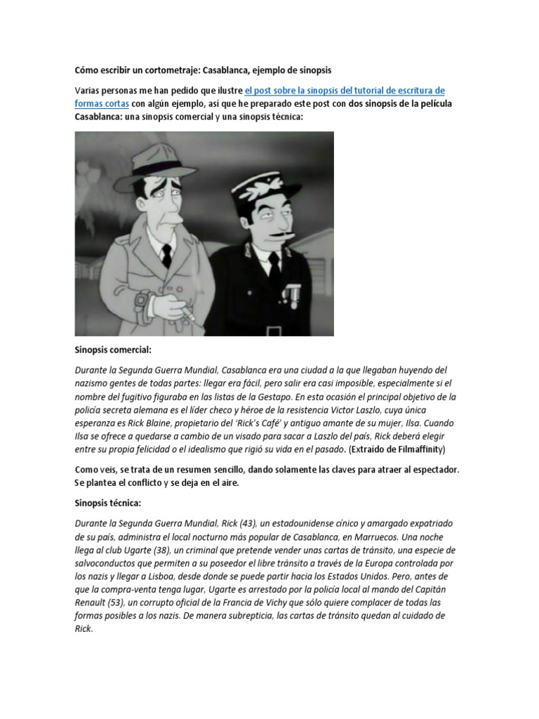 Cómo Escribir Un Cortometraje - Casablanca - Ejemplo de Sinopsis | PDF