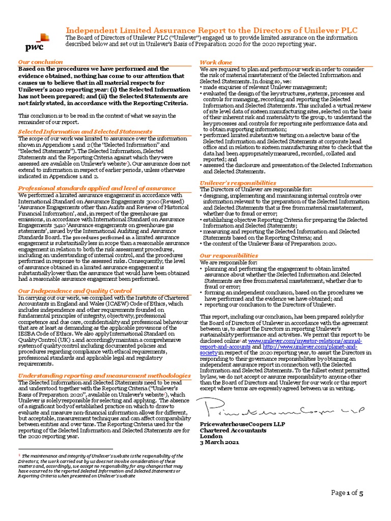 Pwc-Independent-Limited-Assurance-Report-2020 Unilever | PDF | Internal ...