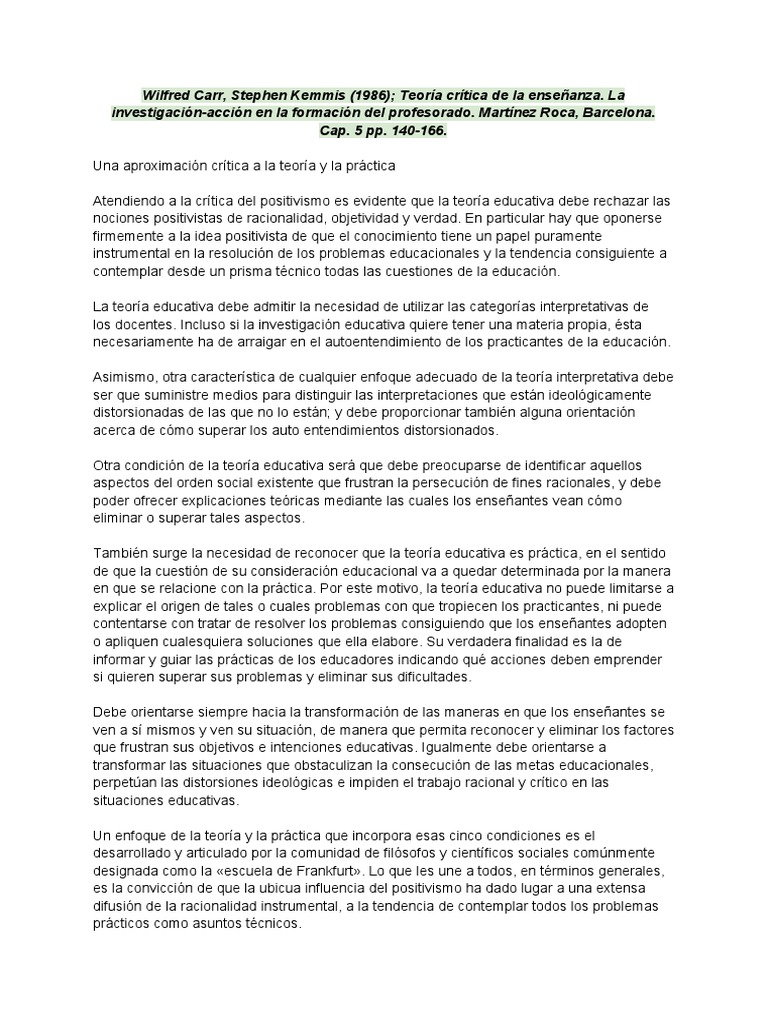 Carr, W Stephen Kemmis (1986) Teoría Crítica de La Enseñanza. La ...