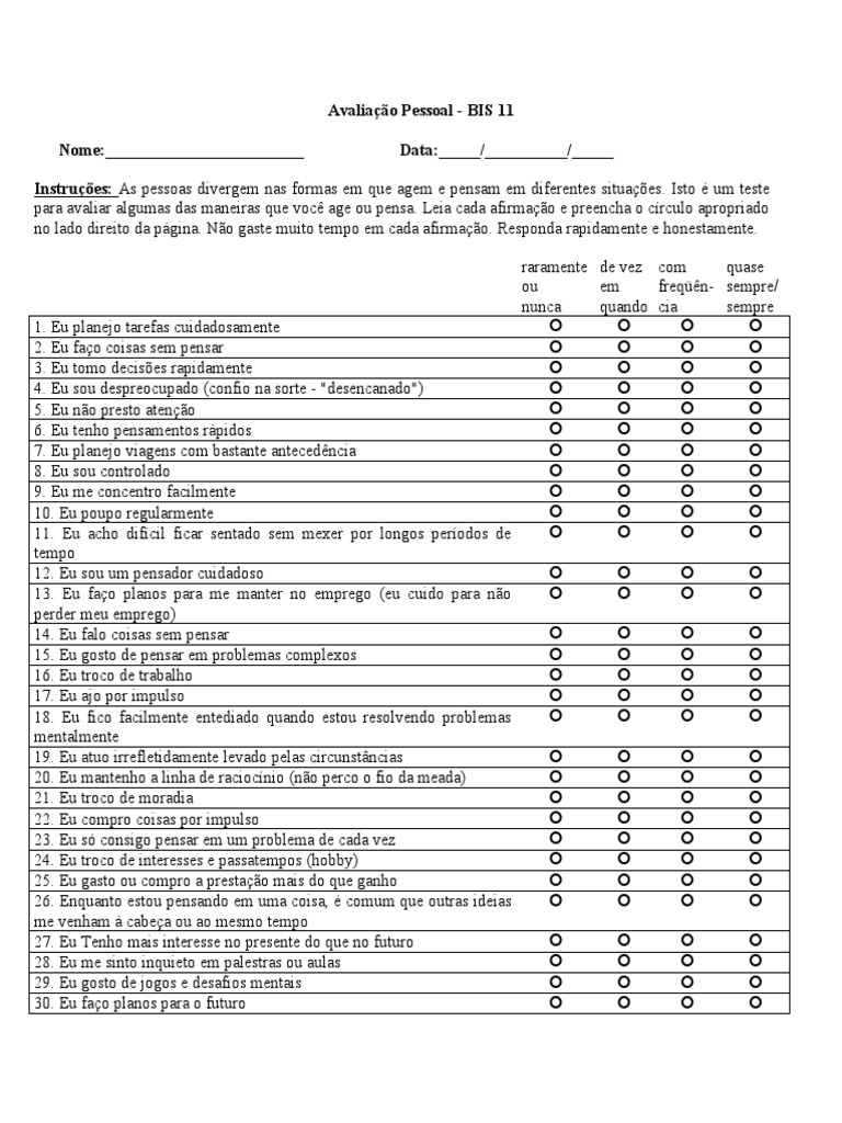 Escala de Impulsividade de Barrat - BIS11 | PDF | Pensamento
