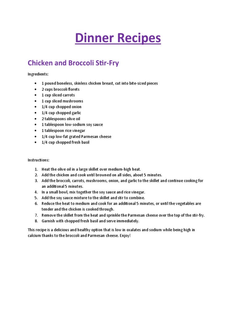 Low Oxalate & Sodium, High Calcium - Dinner Recipes | PDF | Foods ...