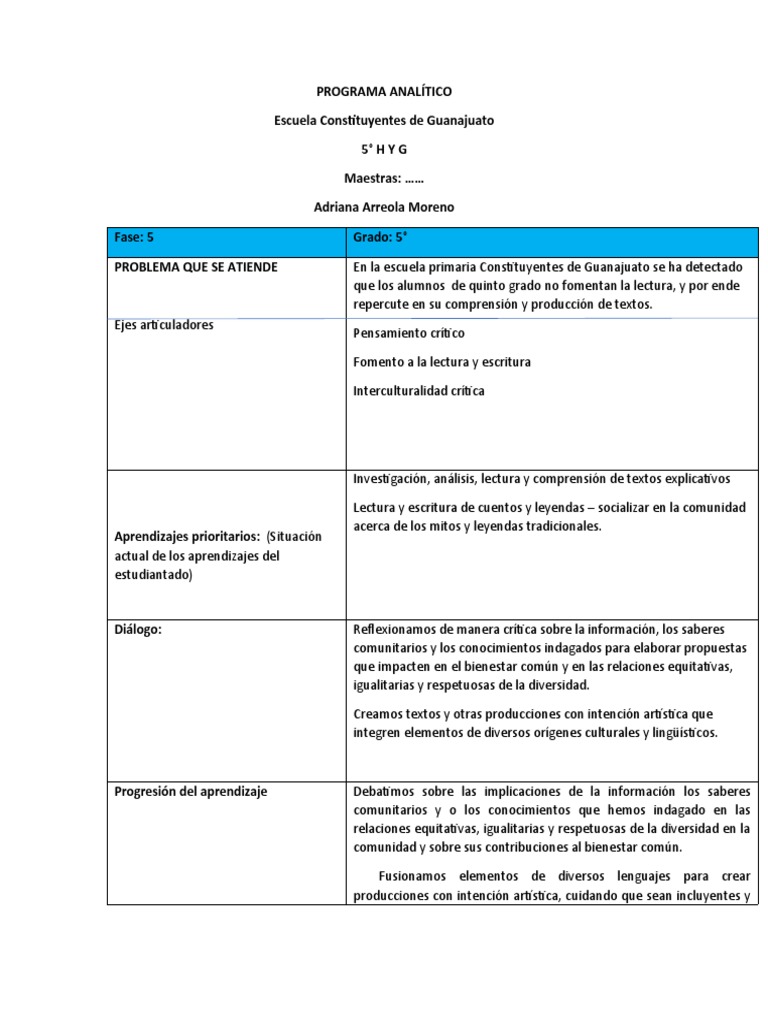 Programa Analitico 5 Pdf Evaluación Aprendizaje