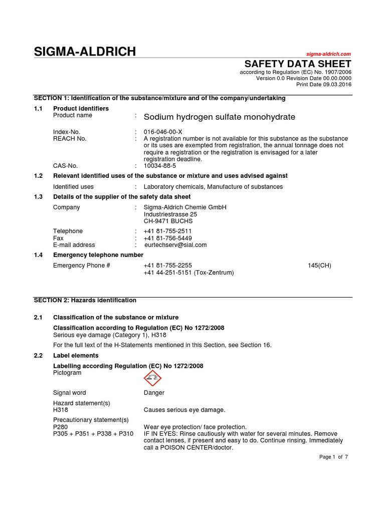 MSDS - Sodium Hydrogen Sulfate Monohydrate | PDF | Dangerous Goods ...