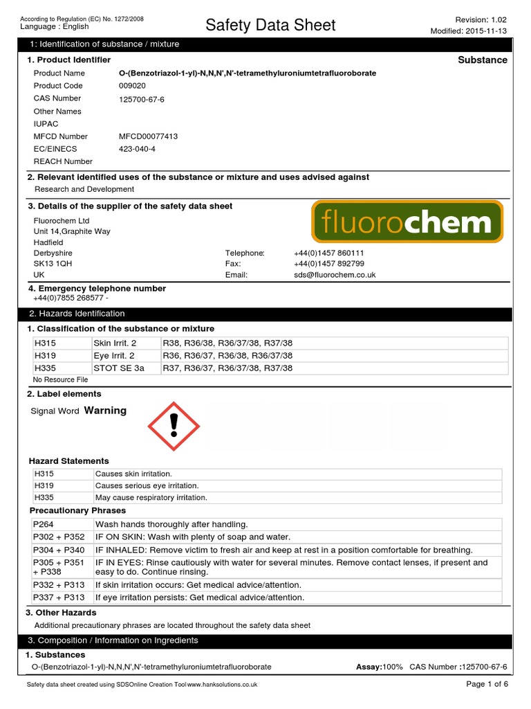 Safety Data Sheet for O-(Benzotriazol-1-yl)-N,N,N',N'-tetramethyluroniumtetrafluoroborate | PDF ...