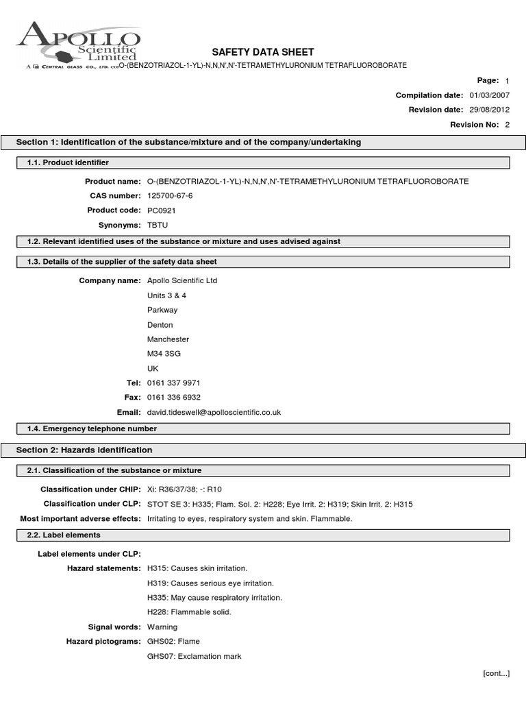 TBTU MSDS (Apollo Scientific PC0921) PDF | PDF | Toxicity | Chemistry