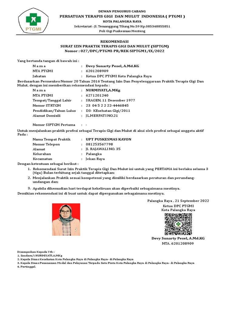 Rekom SIPTGM DPC PALANGKA RAYA Nurmi | PDF