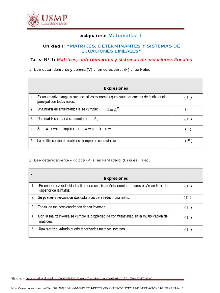 Unidad I MATRICES DETERMINANTES Y SISTEMAS DE ECUACIONES LINEALES | PDF ...