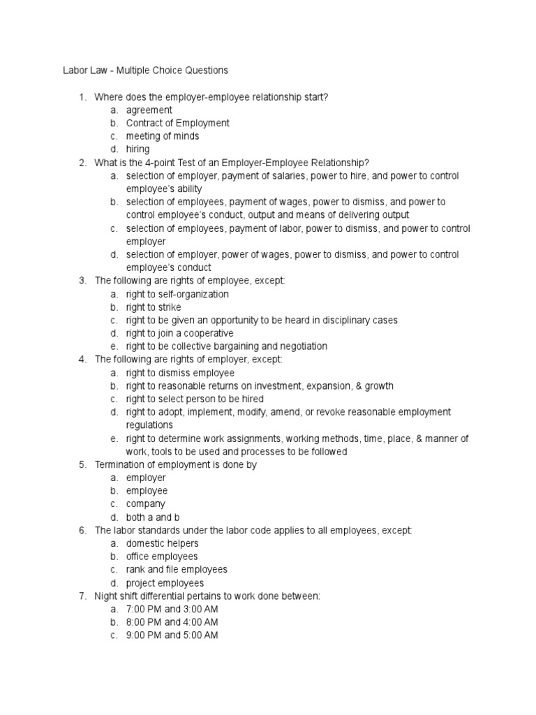 Labor Law - Multiple Choice Questions | PDF | Employment | Overtime