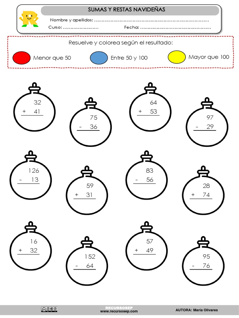 Sumas y Restas Navideñas para Niños | PDF