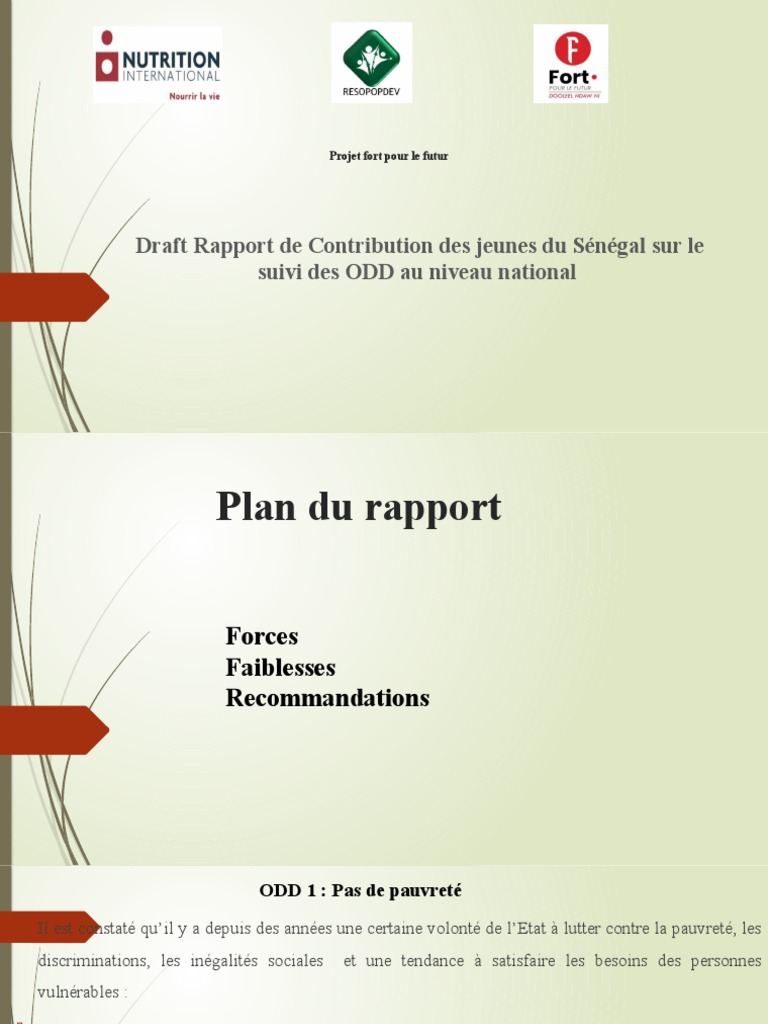 A PRESENTER Draft Rapport Préliminaire Sur Le Suivi Des ODD Au Niveau National (Enregistrement ...