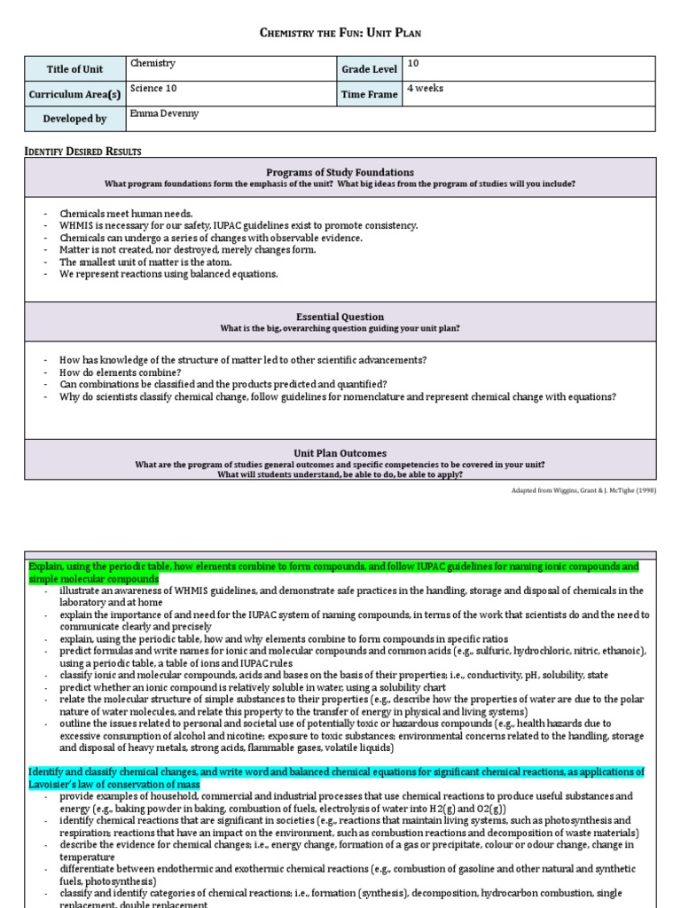 Unit Plan Science 10 - Chemistry | PDF | Chemical Reactions | Mole (Unit)