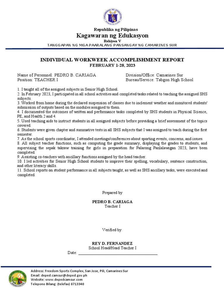 Cristina's Individual-Workweek-Accomplishment-Report For The Month of ...