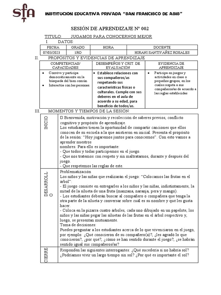 SESIÓN DE APREND. #01 - JUGAMOS PARA CONOCERNOS MEJOR 1prim | PDF ...
