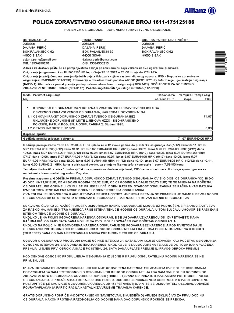 Polica Za Osiguranje - Dopunsko Zdravstveno Osiguranje | PDF