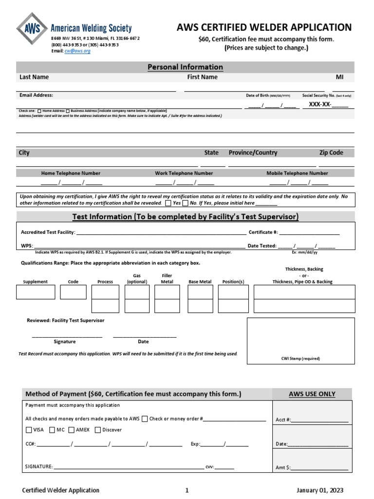 AWS Certified-Welder-Application (01-2023) | PDF | Welding | Construction
