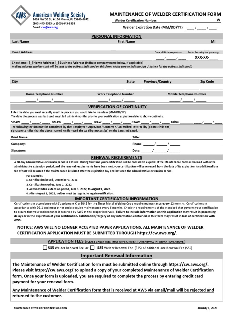 AWS Maintenance-of-Welder-Certification-Form (01-2023) | PDF | Service Industries