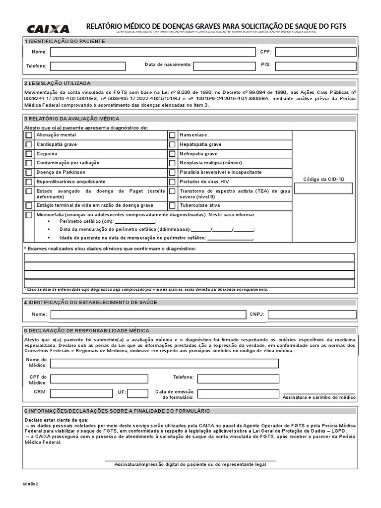 FGTS Relatorio Medico de Doencas Graves para Solicitacao de Saque Do ...