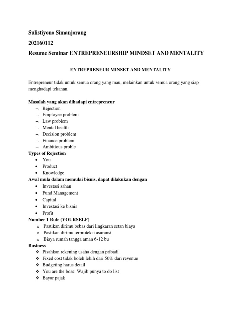 Resume Seminar ENTREPRENEURSHIP MINDSET AND MENTALITY | PDF
