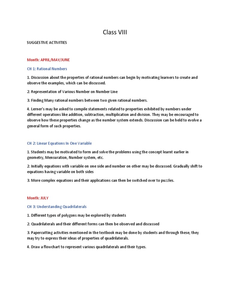 Activities Class VIII Month Prepared by RK Singh | PDF | Area | Equations