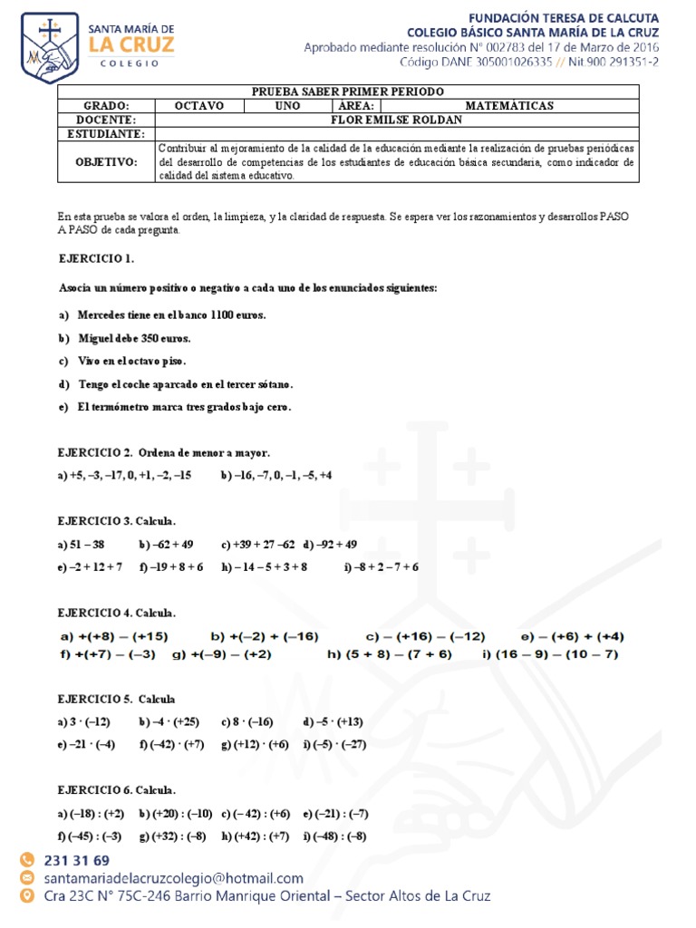 Prueba Final Primer Periodo Grado Octavo Uno | PDF