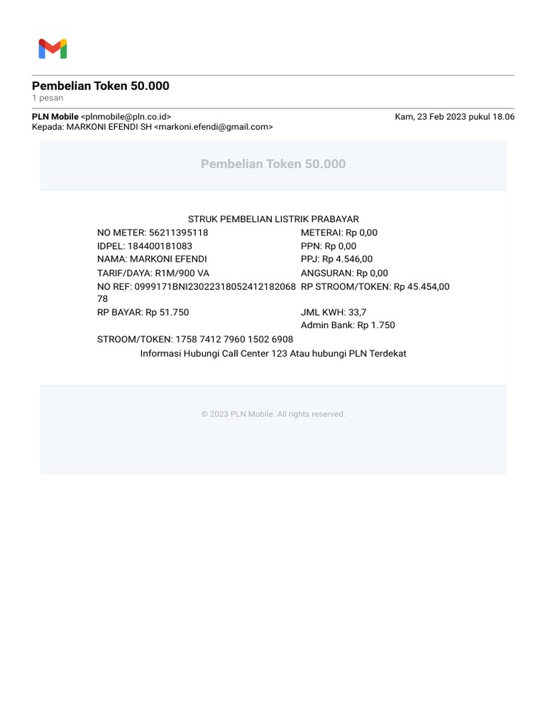 Gmail - Pembelian Token 50.000 PDF | PDF