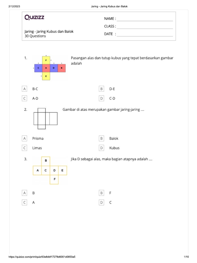 Soal Jaring-Jaring Balok Dan Kubus PDF | PDF