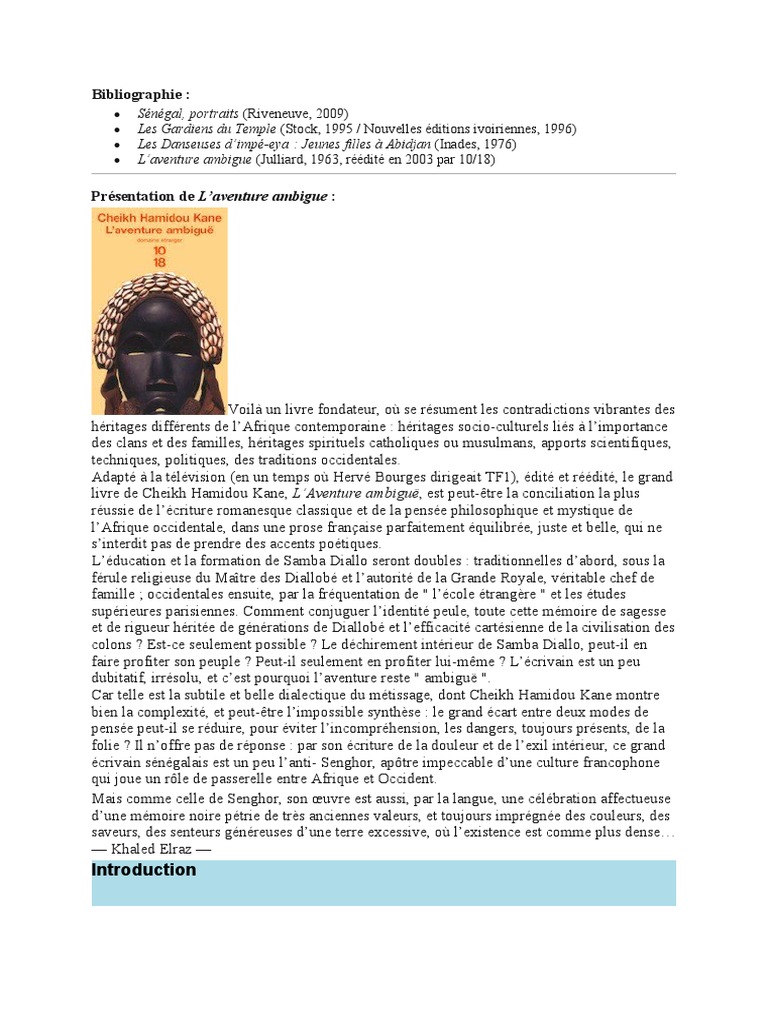 L'Aventure Ambiguë : Analyse et Thèmes | PDF