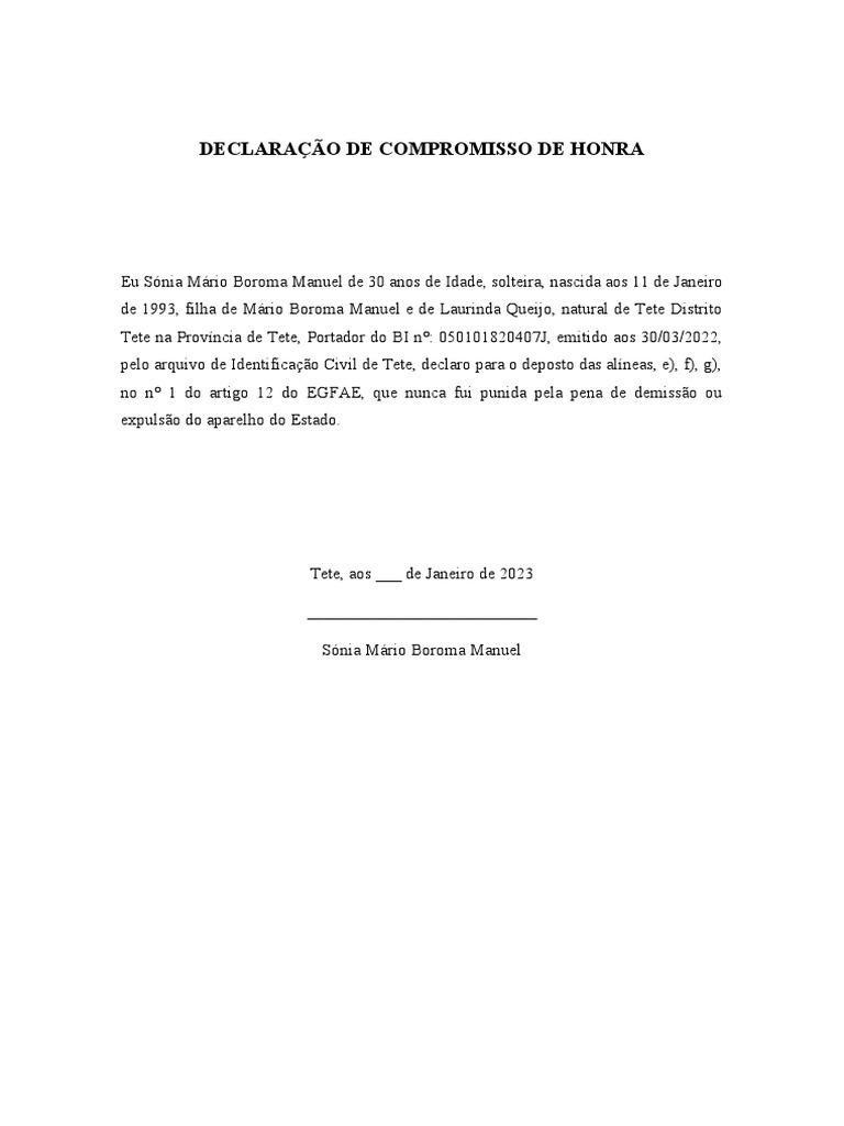 Declaração de Compromisso de Honra | PDF