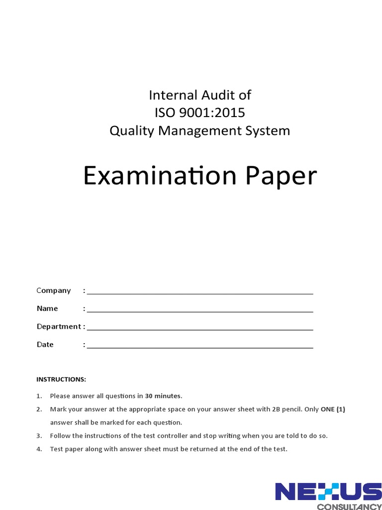 ISO 9001:2015 Internal Audit Exam Guide | PDF | Iso 9000 | Audit