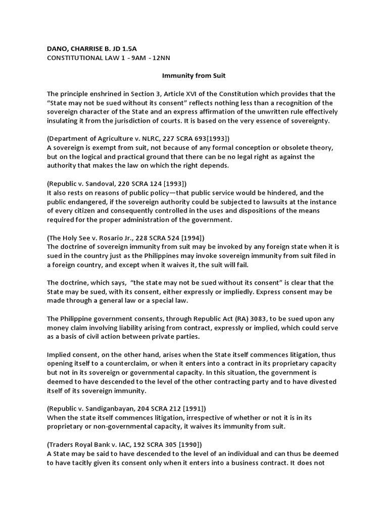Topic Outline of Doctrine of State Immunity On Suits - Dano Charrise ...