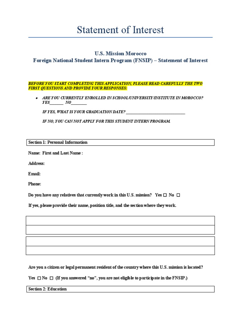 FNSIP Internship Statement of Interest | PDF | Internship | Job Hunting