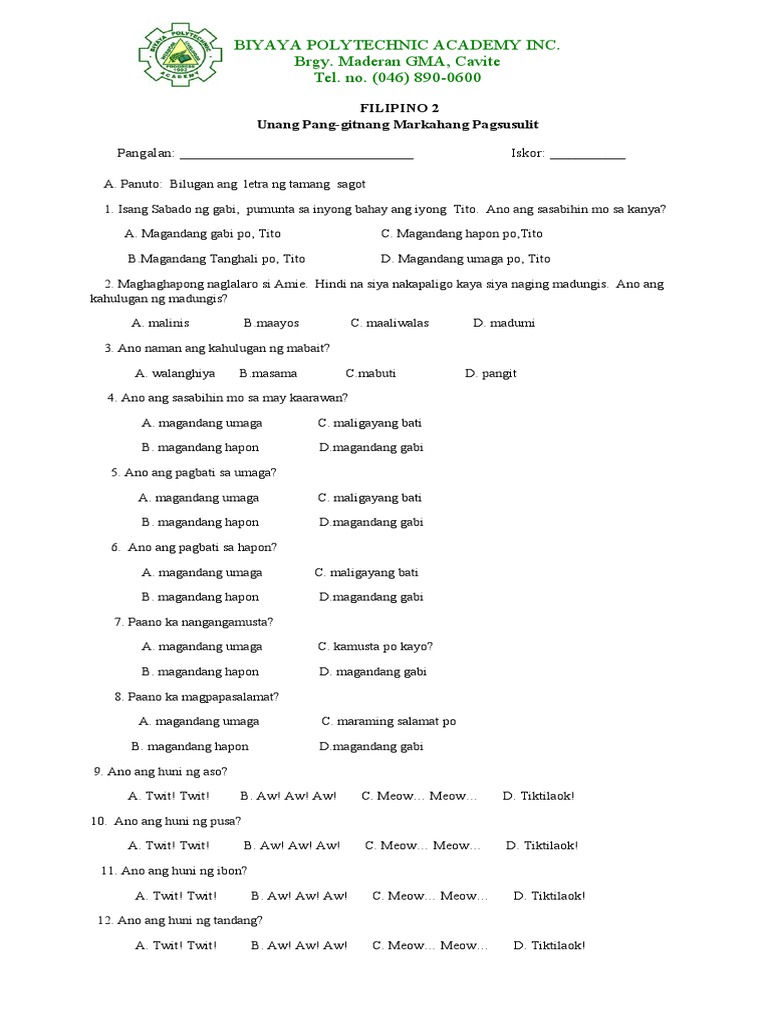 PT - Filipino 2 - Q1 | PDF